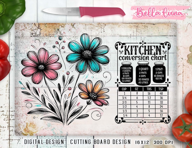 Kitchen Conversion Chart Cutting Board Sublimation Design (digital ...