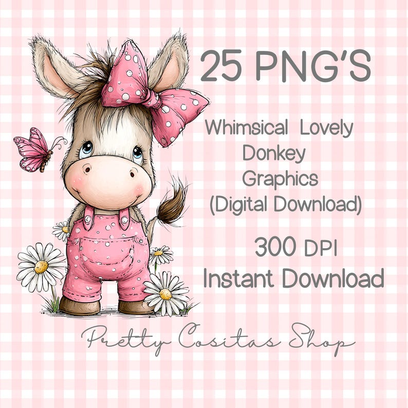 Cute Lovely Donkey Clipart PNG Bundle, Baby Donkey Clipart, Spring ...