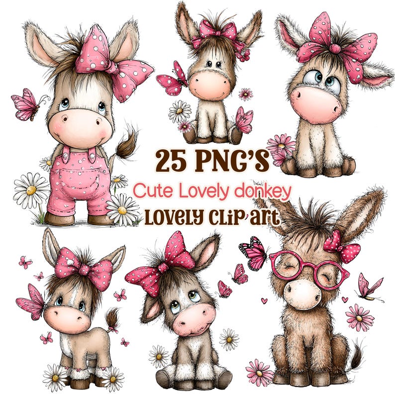 Cute Lovely Donkey Clipart PNG Bundle, Baby Donkey Clipart, Spring ...