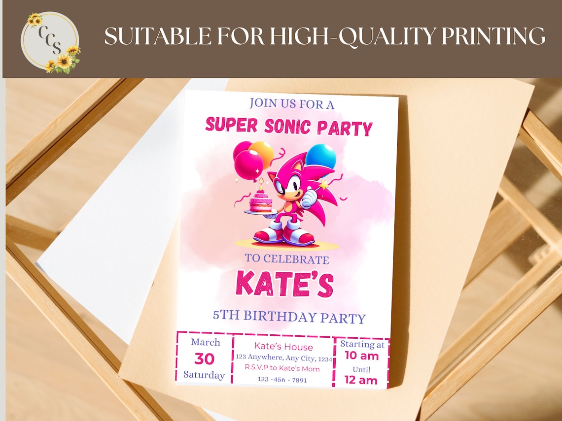 Sonic Birthday Invitation, Super Hedgehog Girls Party Invite, Super ...