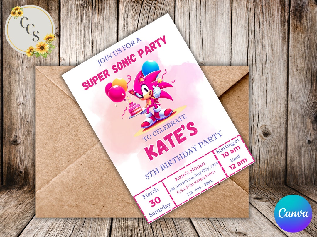 Sonic Birthday Invitation, Super Hedgehog Girls Party Invite, Super ...