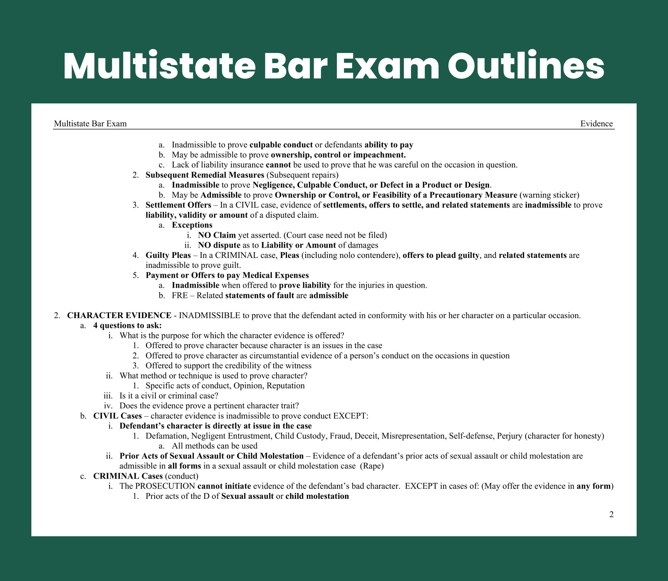 MBE Multistate Bar Exam Evidence Outline MBE Preparation Law Notes UBE ...