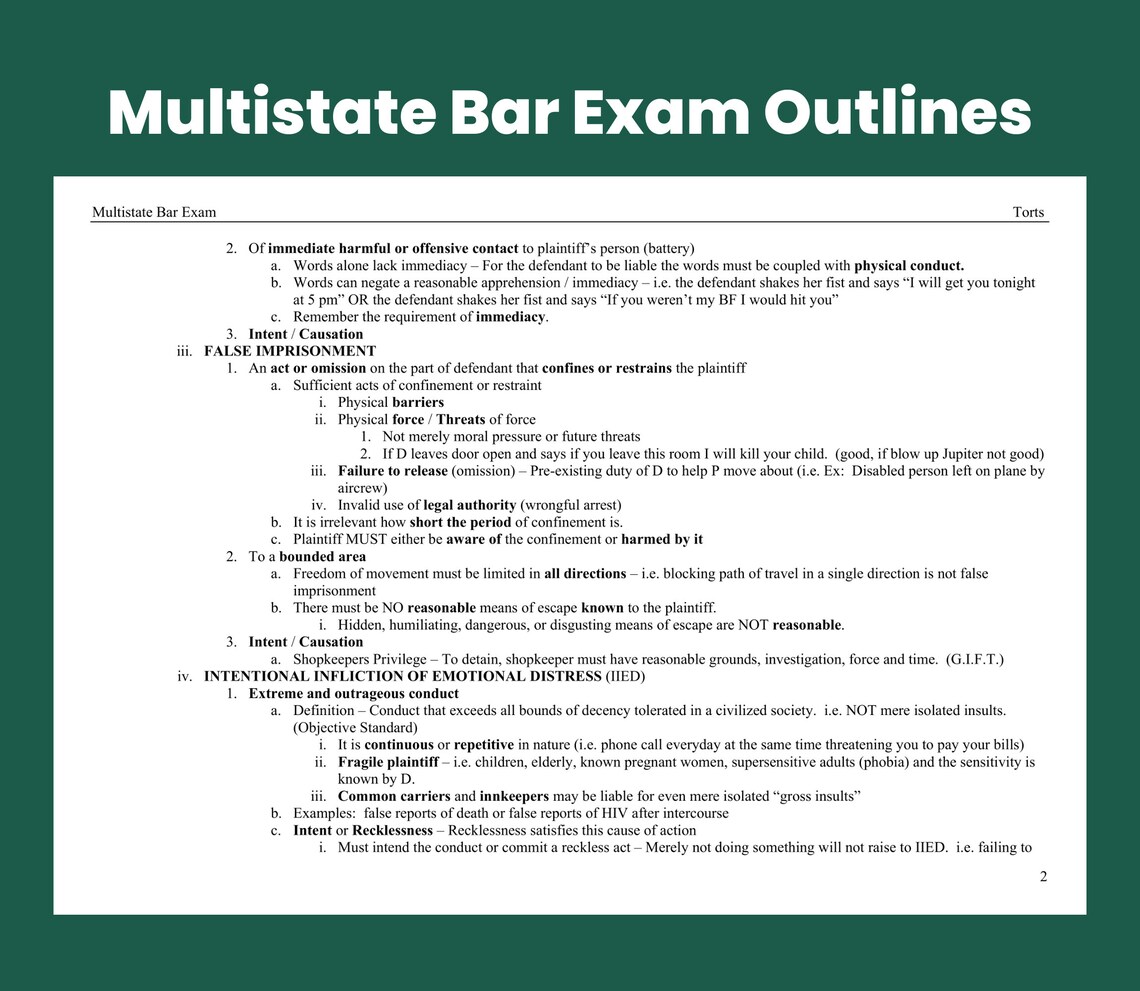 MBE Multistate Bar Exam Torts Outline MBE Preparation Law Notes UBE Bar ...