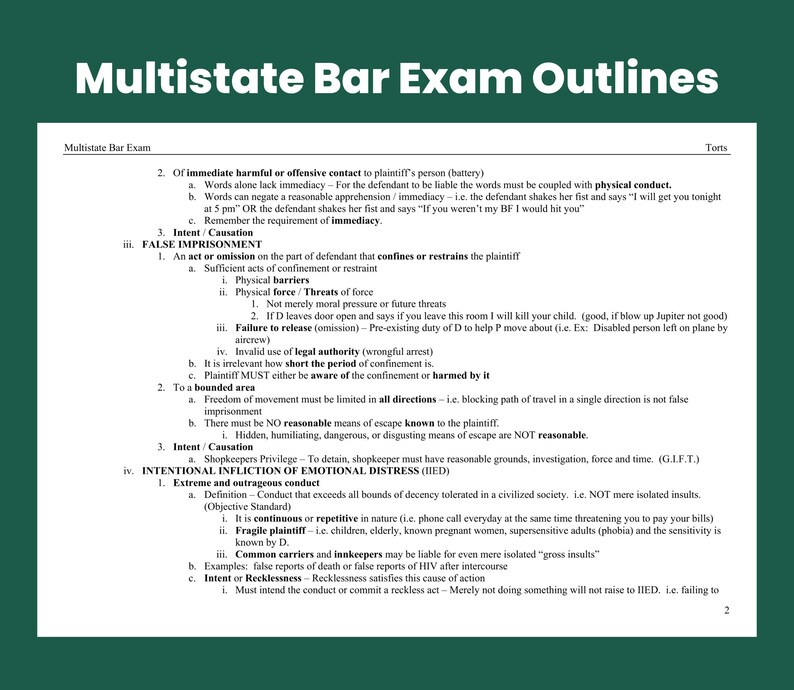 MBE Multistate Bar Exam Torts Outline MBE Preparation Law Notes UBE Bar ...