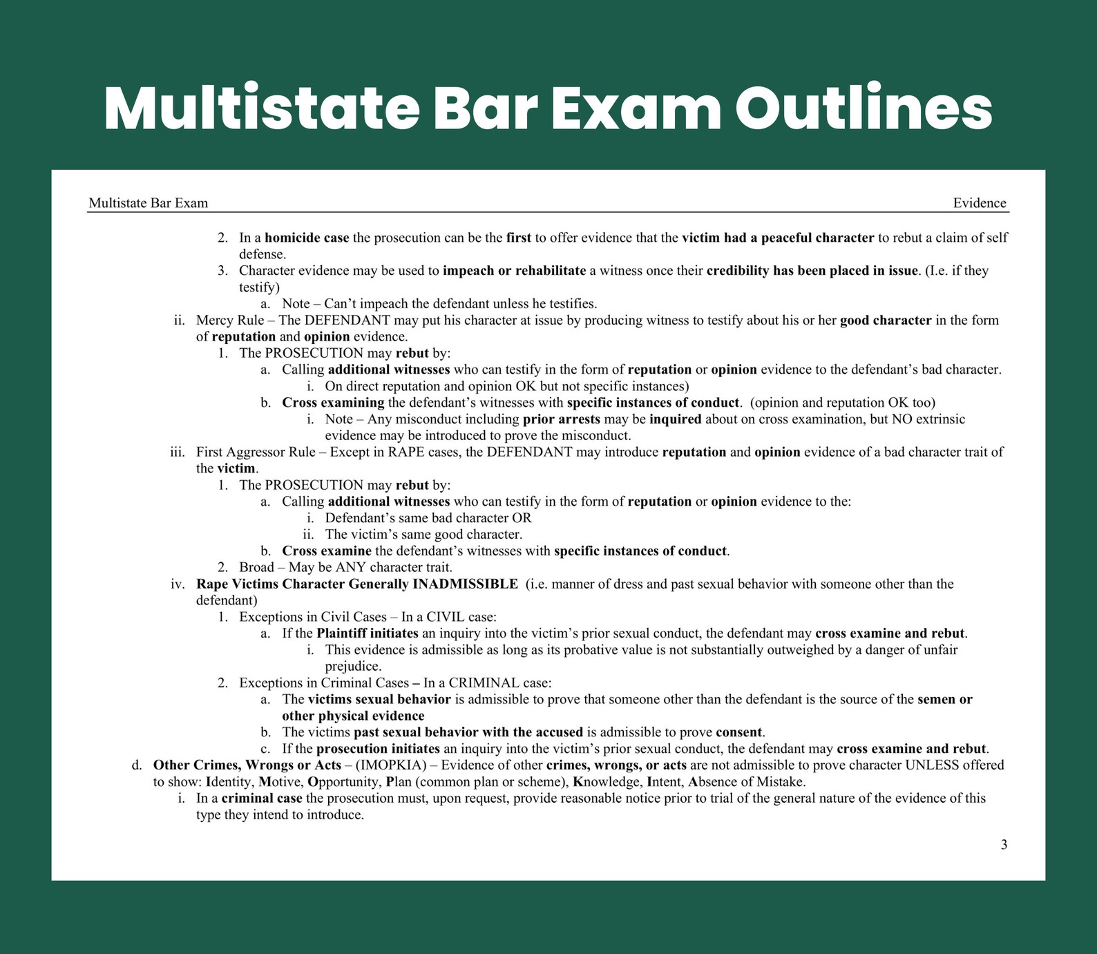 MBE Multistate Bar Exam Evidence Outline MBE Preparation Law Notes UBE ...