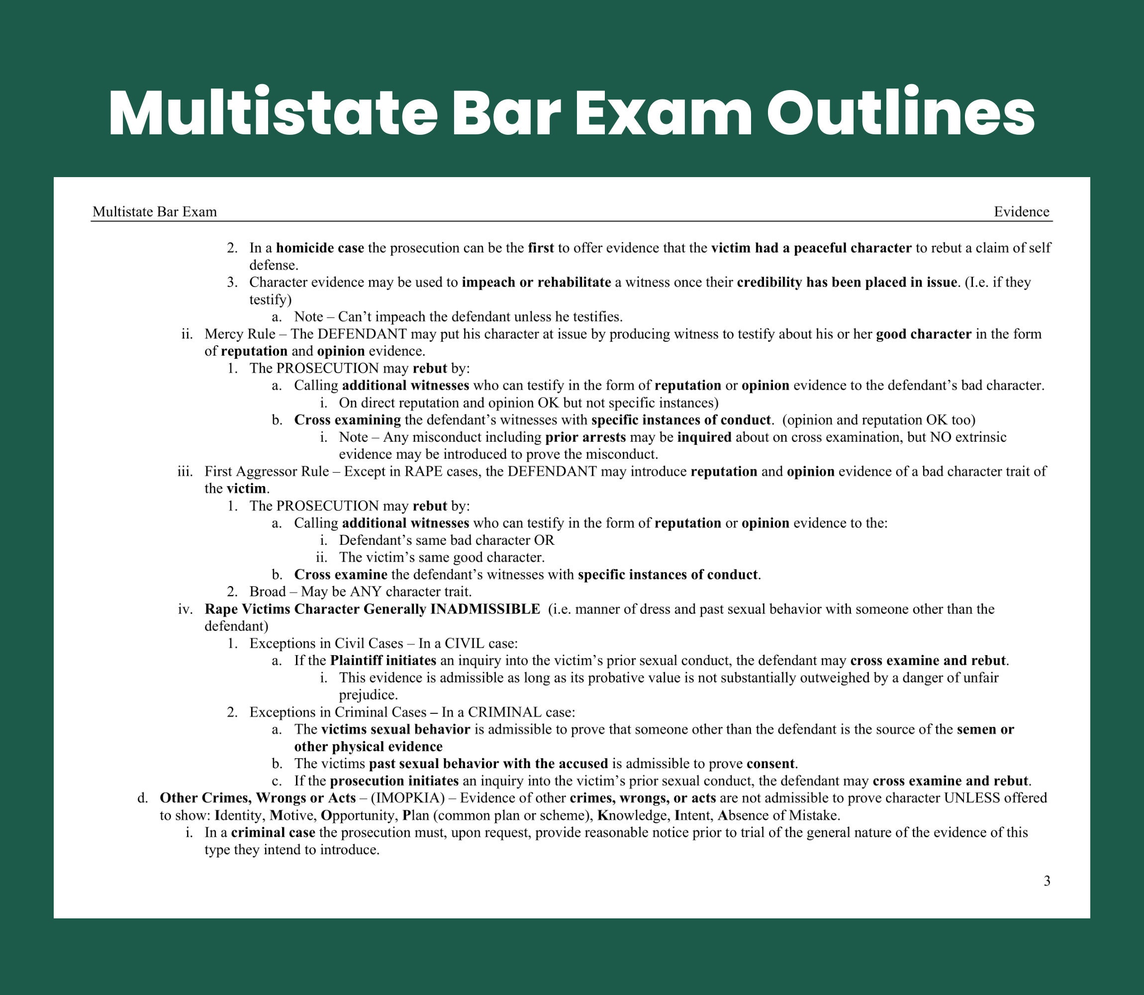 MBE Multistate Bar Exam Evidence Outline MBE Preparation Law Notes UBE ...