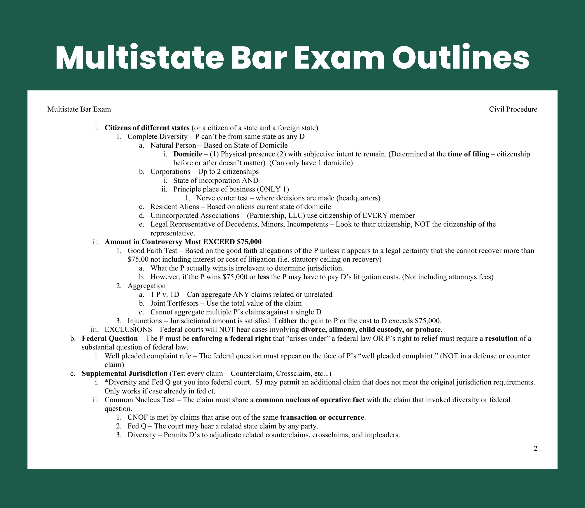 MBE Multistate Bar Exam Civil Procedure Outline MBE Preparation Law ...