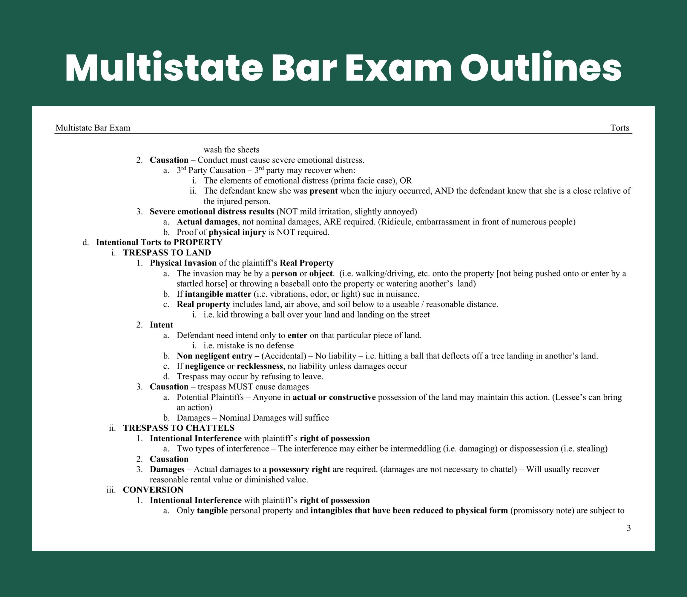 MBE Multistate Bar Exam Torts Outline MBE Preparation Law Notes UBE Bar ...