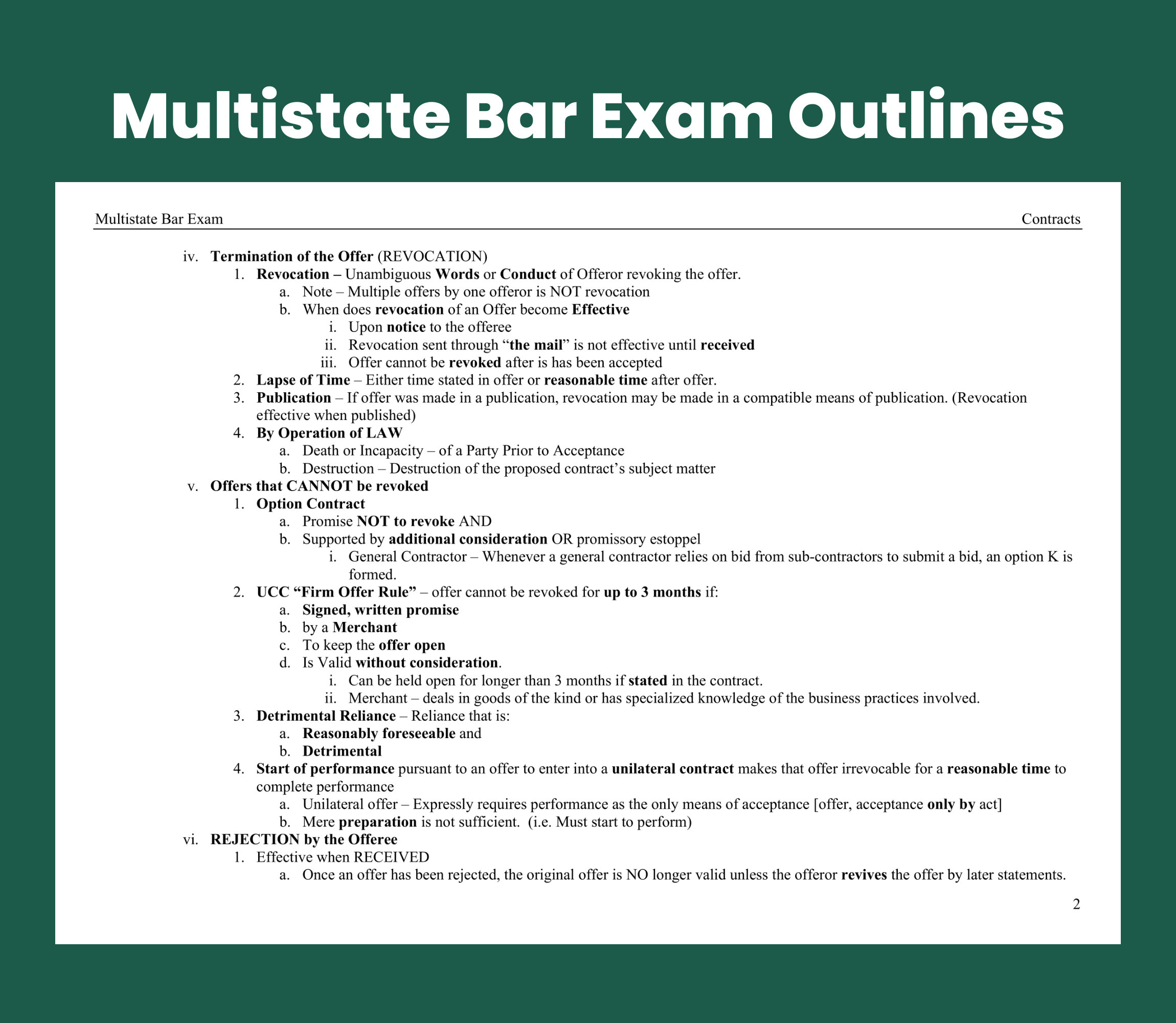 MBE Multistate Bar Exam Contracts Outline MBE Preparation Law Notes UBE ...