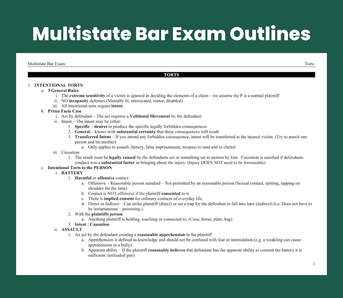 MBE Multistate Bar Exam Torts Outline MBE Preparation Law Notes UBE Bar ...