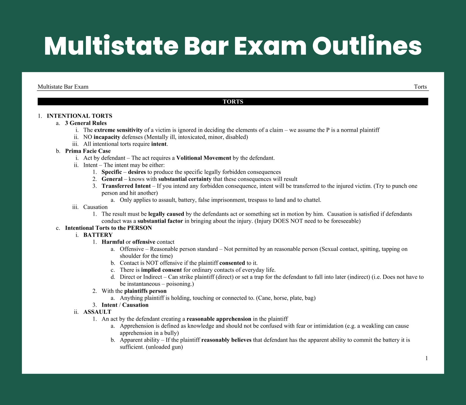 MBE Multistate Bar Exam Torts Outline MBE Preparation Law Notes UBE Bar ...