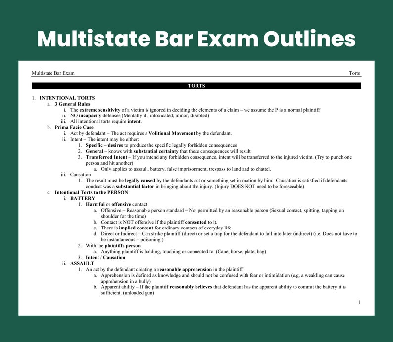 MBE Multistate Bar Exam Torts Outline MBE Preparation Law Notes UBE Bar ...