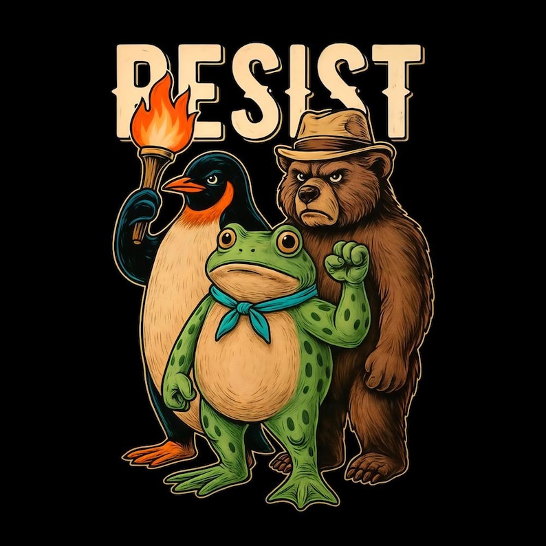 Vintage Resist Animals PNG: Frog, Penguin, Bear Illustration (digital ...