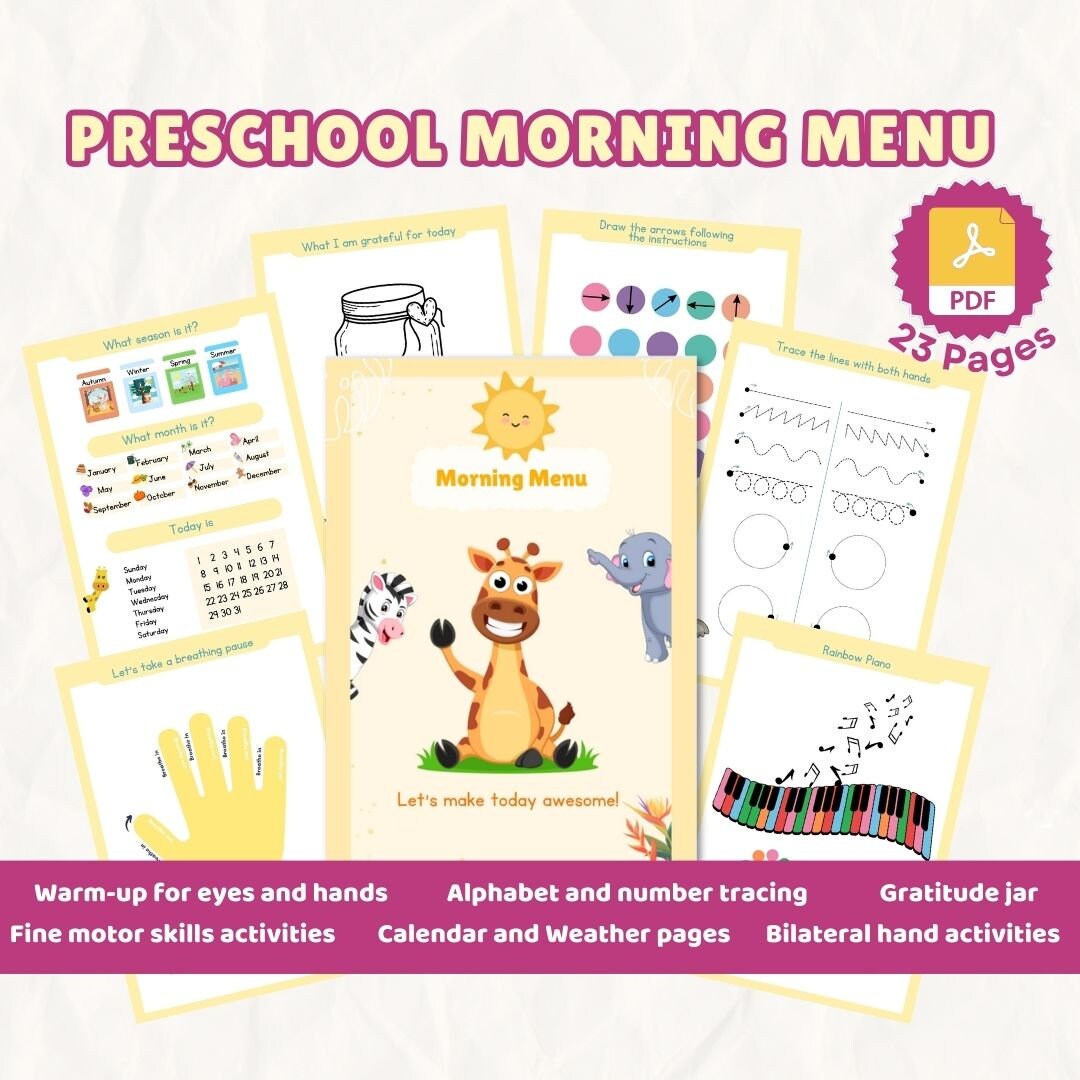 Preschool Morning Menu: Homeschooling Worksheets, Kids 3-6 Y.o. (PDF ...
