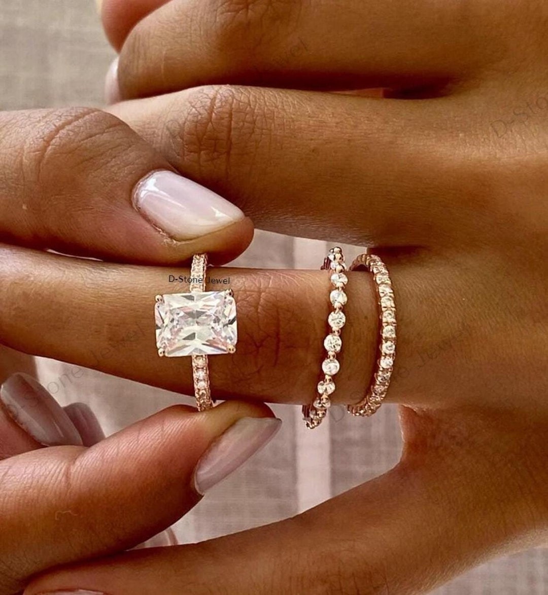 4.5 CT Radiant Cut Moissanite Engagement Ring Set, Eternity Band ...