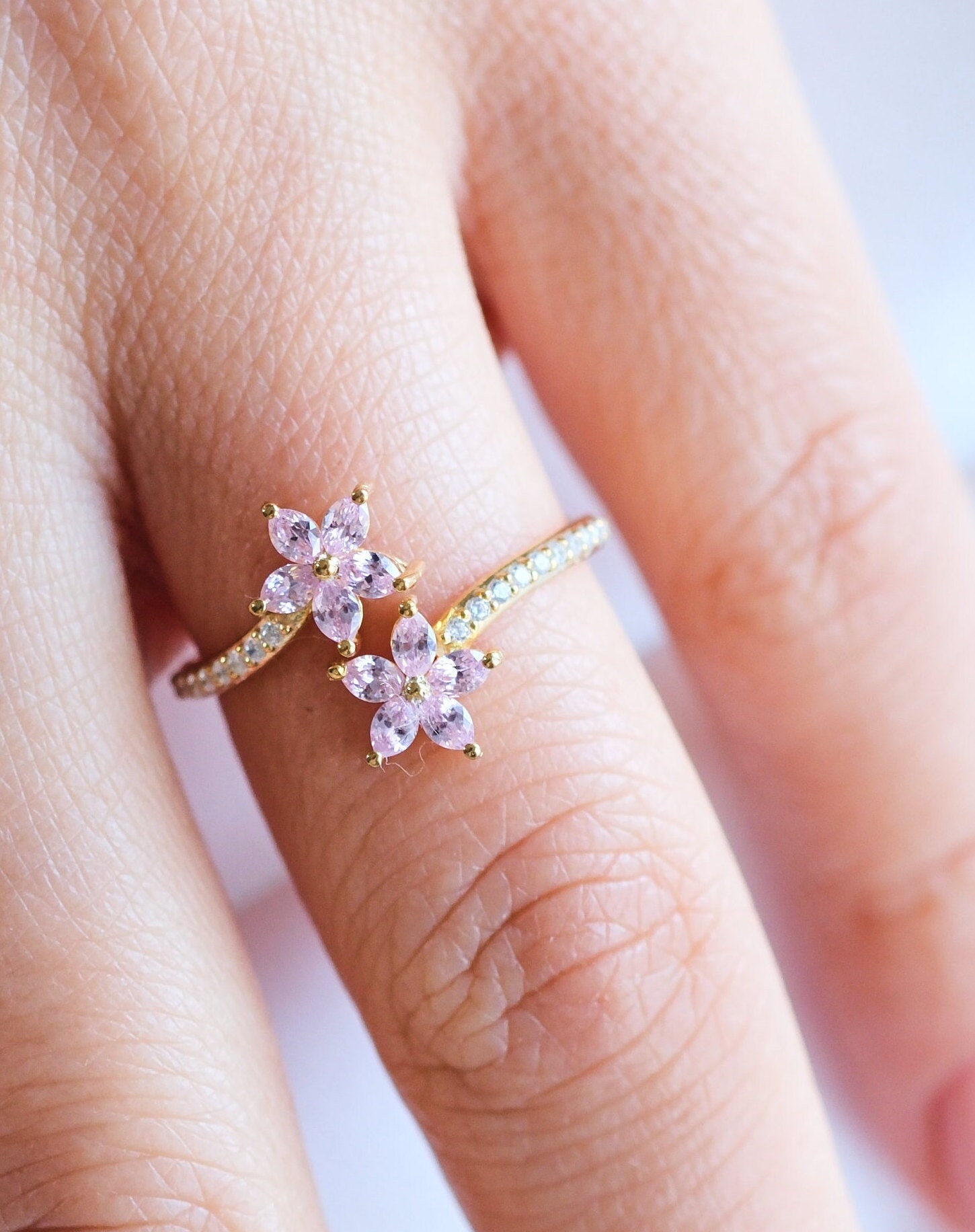 14K Solid Gold Flower Birthstone Ring, Gift for Mom,pink Flower Ring ...