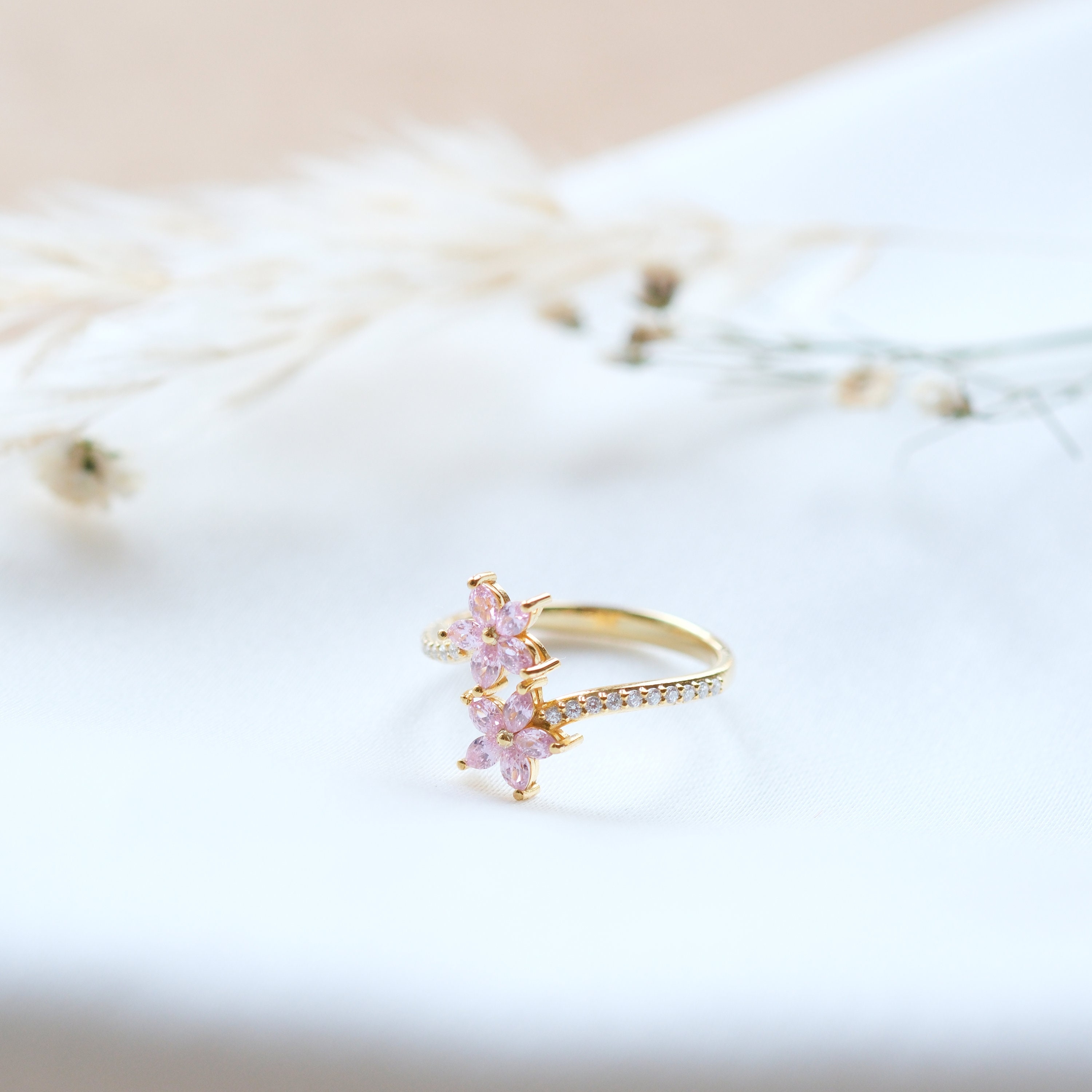 14K Solid Gold Flower Birthstone Ring, Handmade Gemstone Jewelry - Etsy