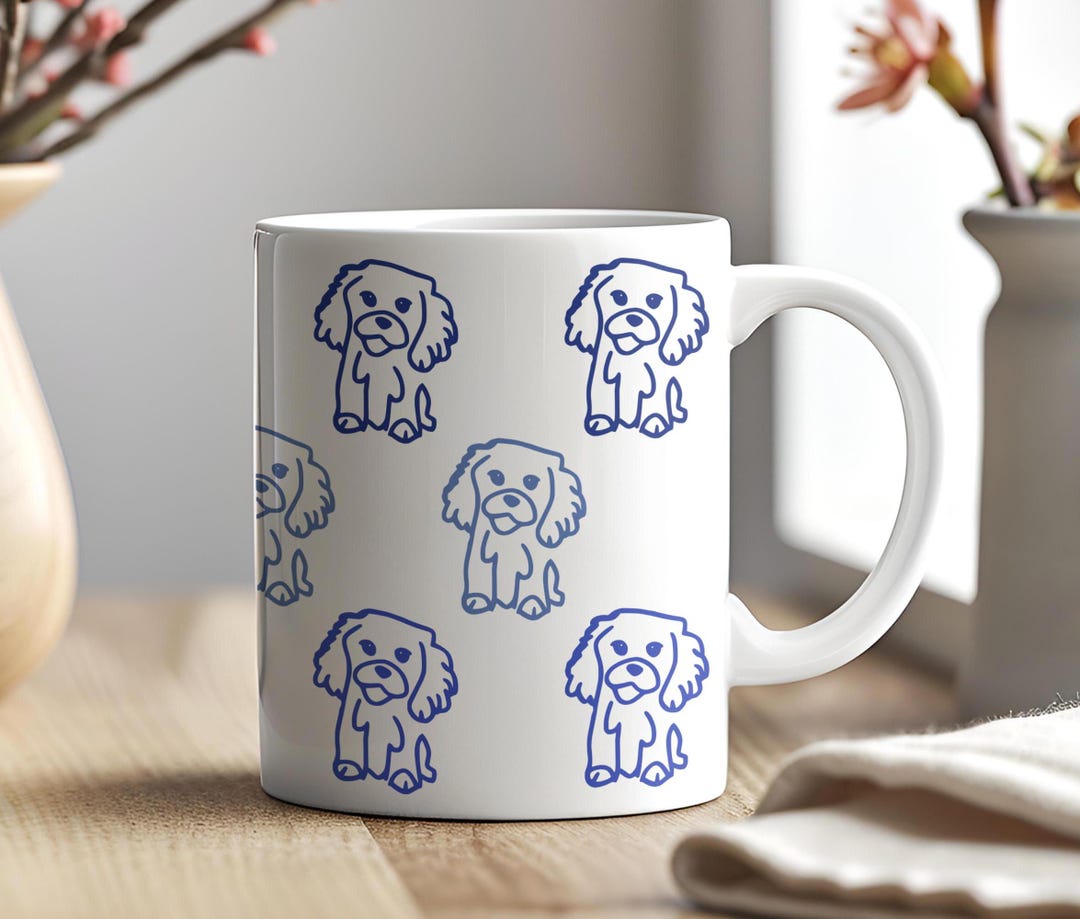 Cavapoo Line Art Mug - Minimalist Blue Design 11oz Ceramic Coffee and ...