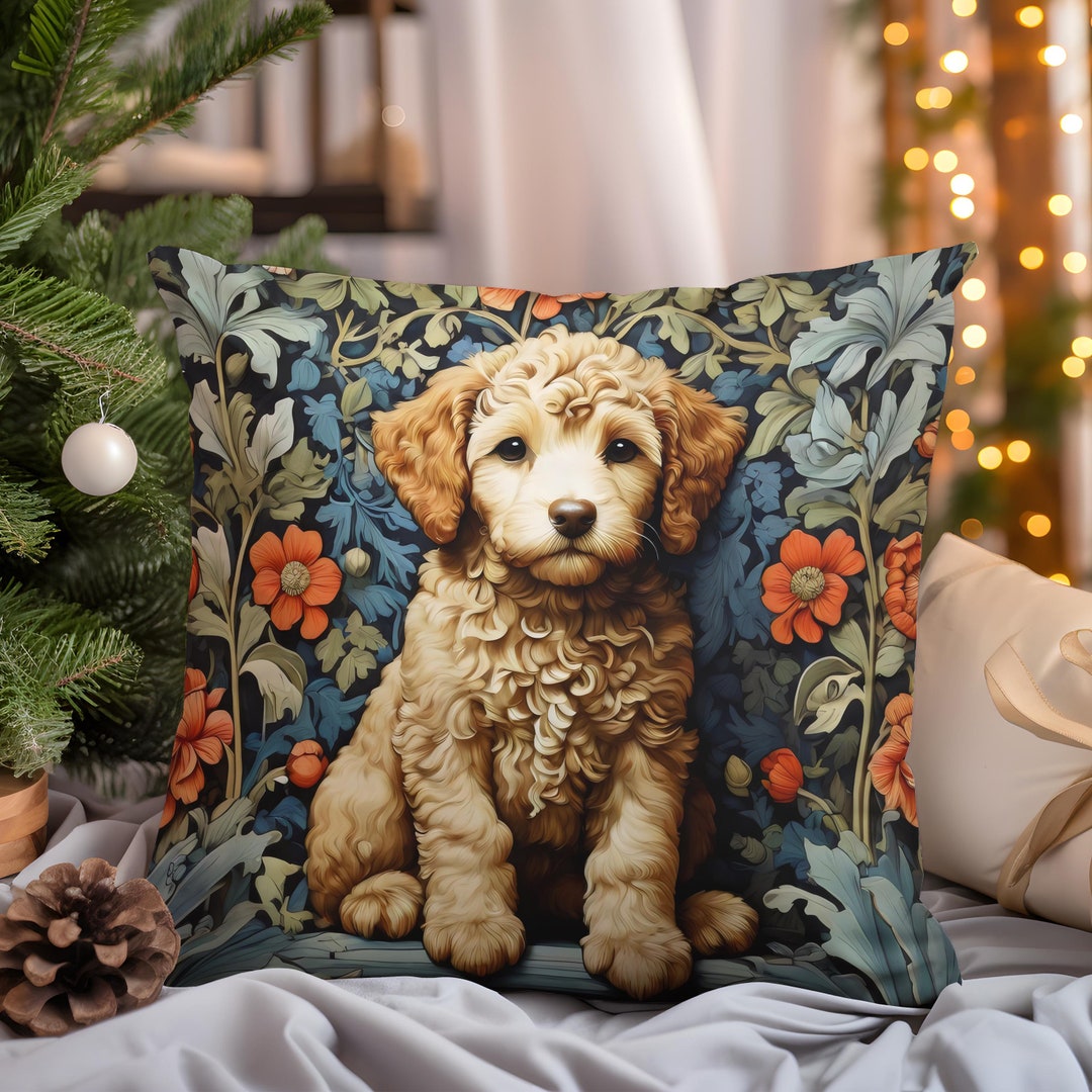 Goldendoodle Puppy Pillow, Vintage William Morris Style Throw, Cozy ...