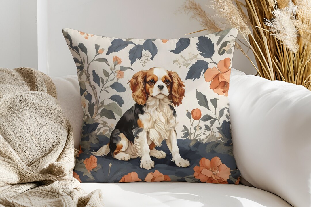 Cavalier King Charles Spaniel Square Pillow, Impressionist Floral ...