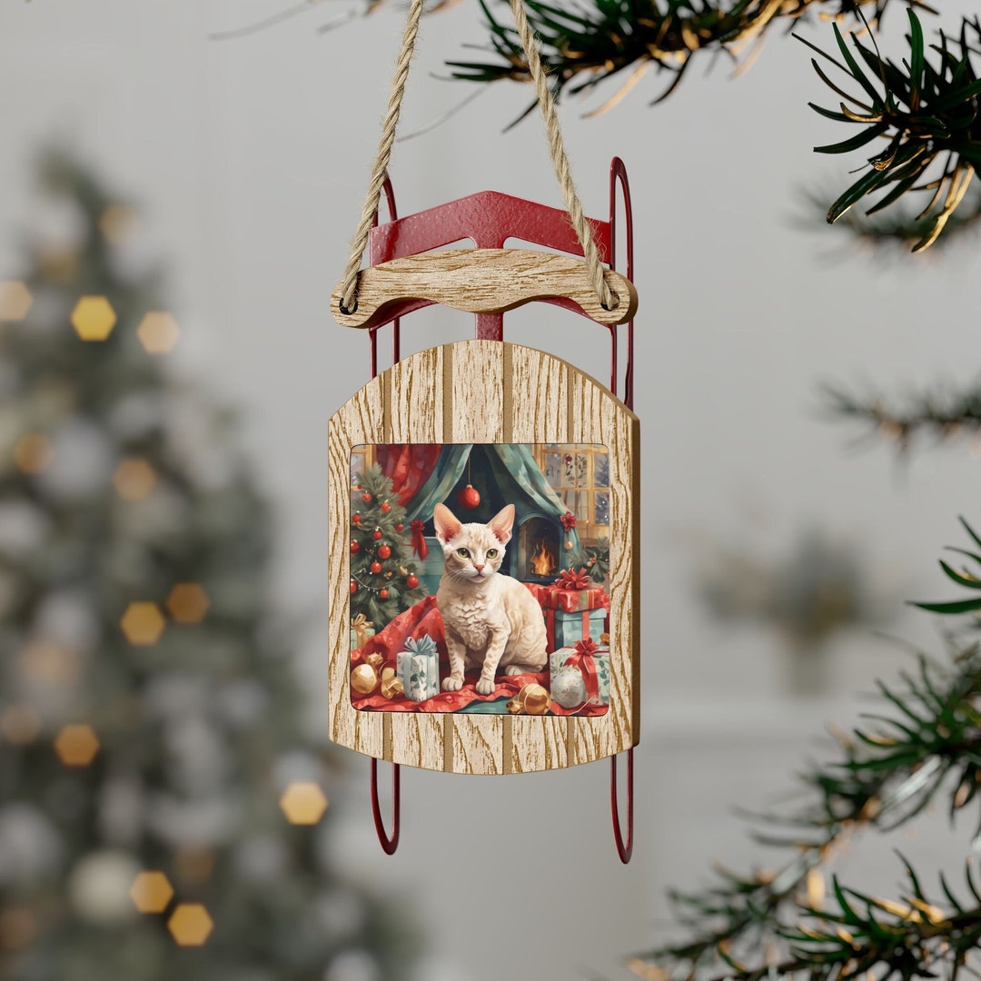 Devon Rex Cat Sled Ornament, Watercolor Christmas Tree Decoration ...