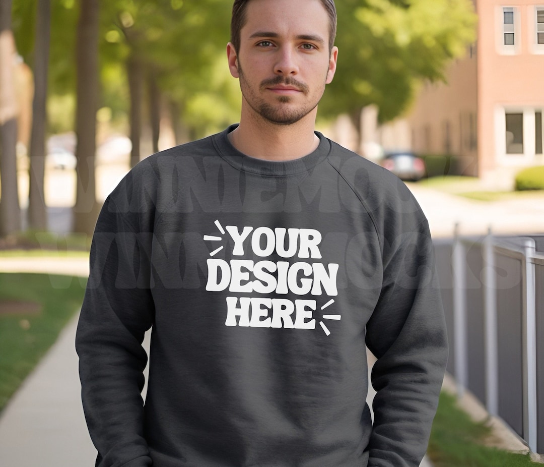 Gildan 18000 Dark Grey Heather Sweatshirt Male Model Mockup | Gildan ...