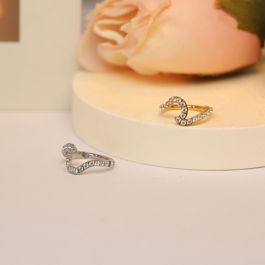 Wave Nose Ring Shiny Zirconia 16G 316L Seamless Nose Ring Hinge Segment ...