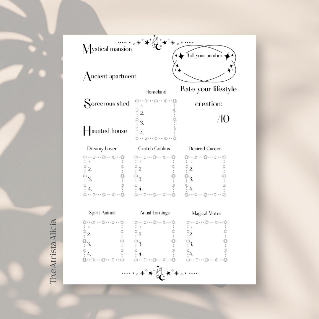MASH Activity Sheet Printable-mystical Aesthetic - Etsy