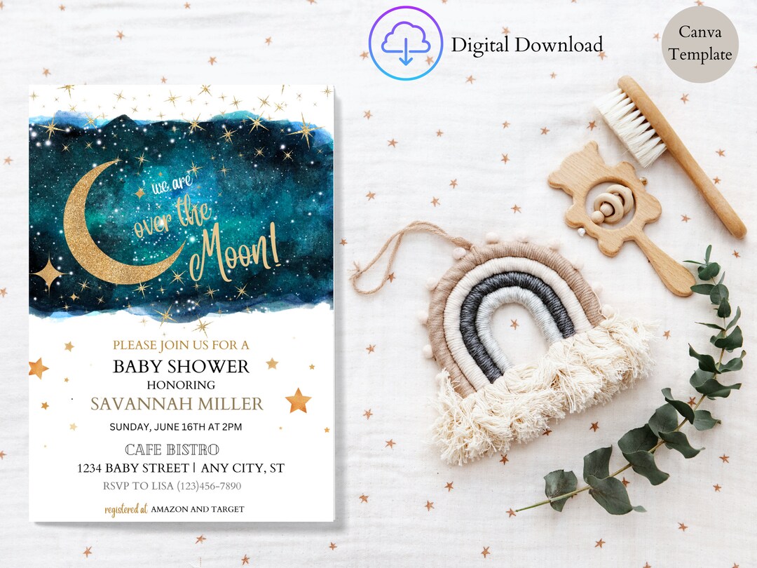 Editable Baby Shower Over the Moon Template, Blue Sky, Moon and Stars ...