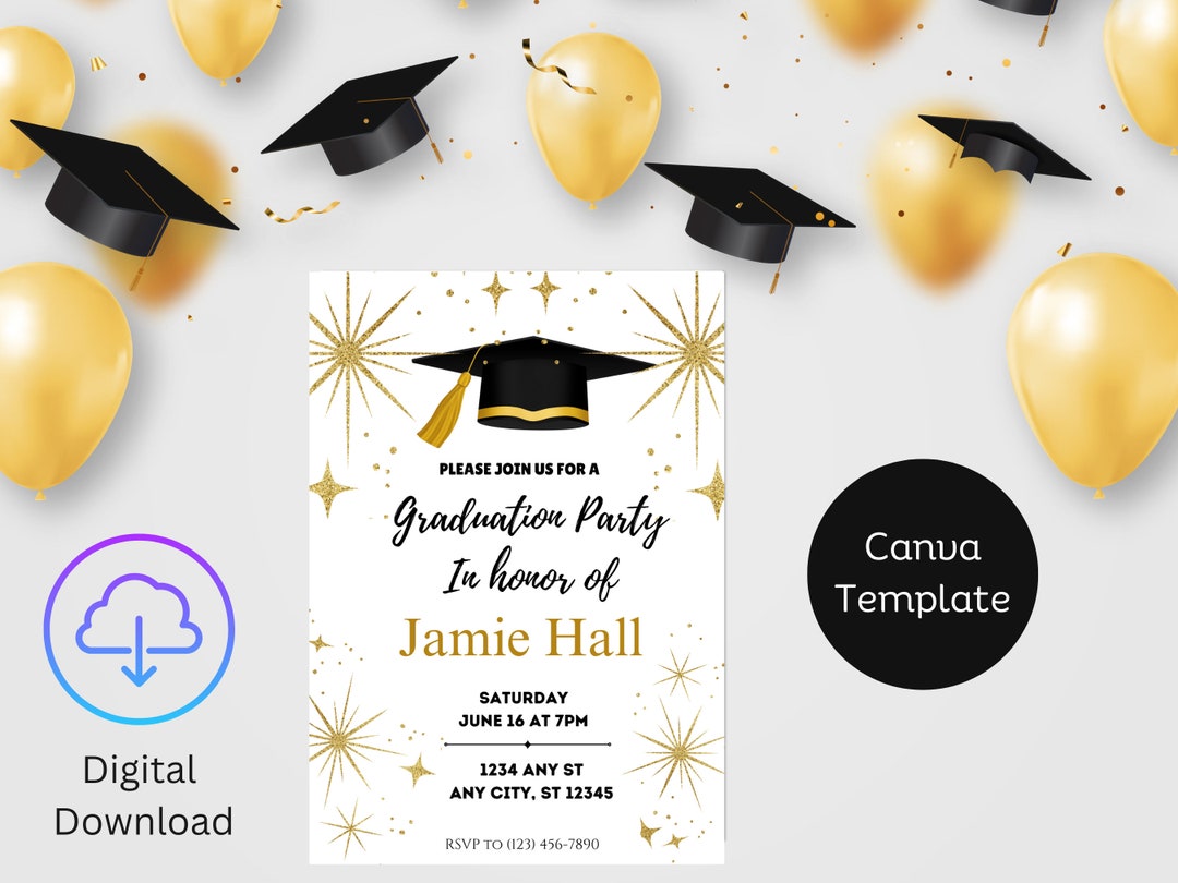 Editable Graduation Party Digital Download, Black and Gold, Graduation ...