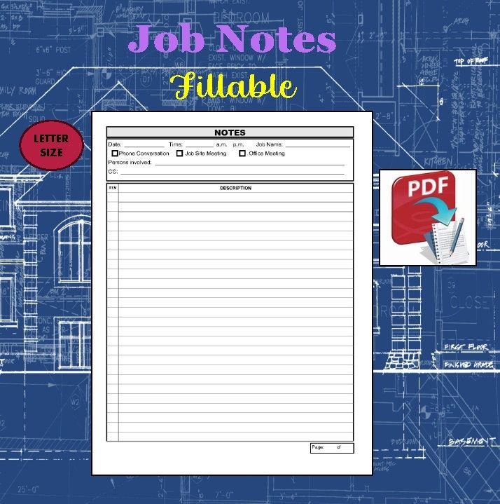 Construction Notes, Job Notes, Fillable Form - Etsy