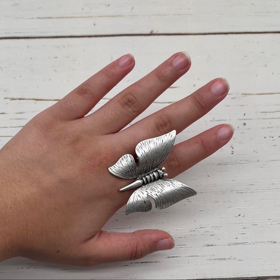 Silver Butterfly Oversize Ring, Boho Style Statement Ring, Chunky ...