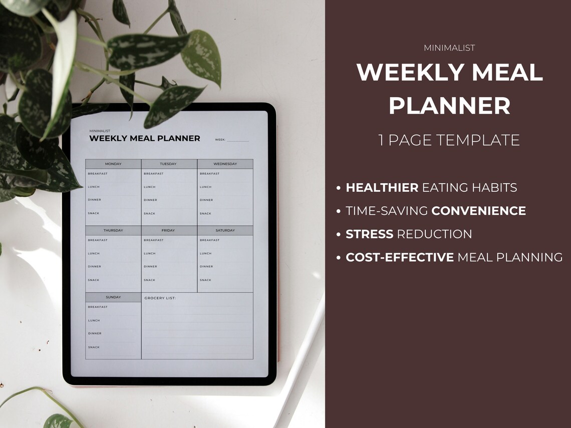 Minimalist Weekly Meal Planner With Grocery List Template, 7 Day Menu ...