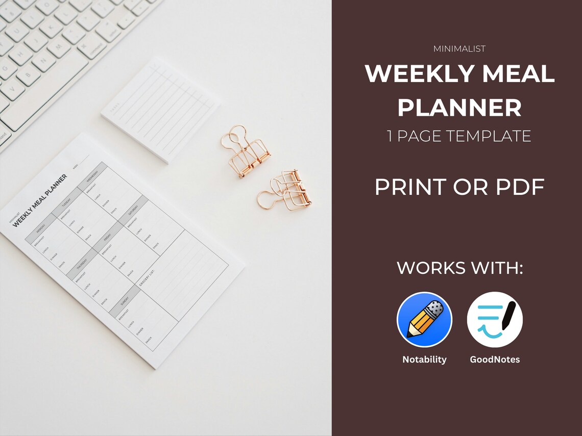 Minimalist Weekly Meal Planner With Grocery List Template, 7 Day Menu ...