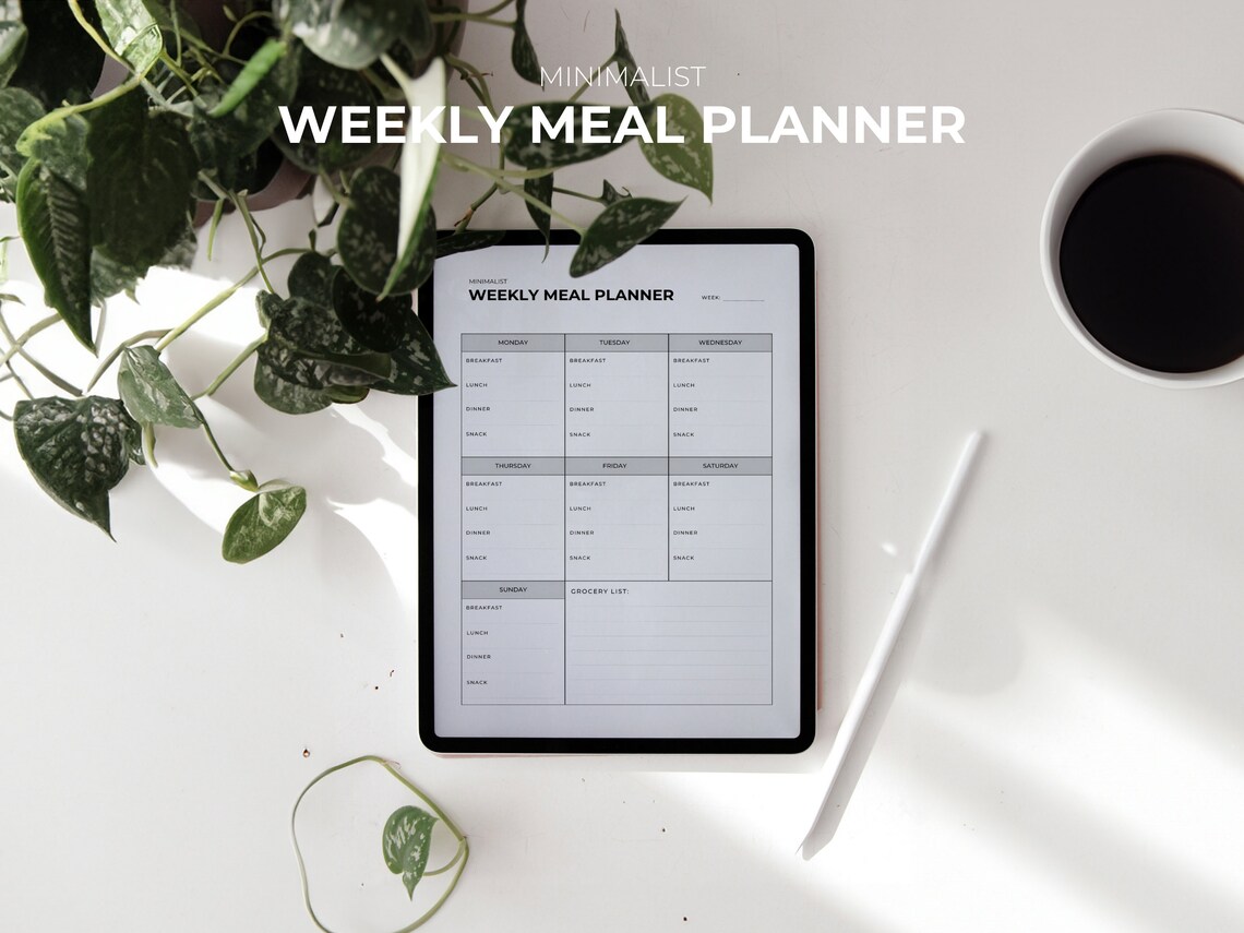 Minimalist Weekly Meal Planner With Grocery List Template, 7 Day Menu ...