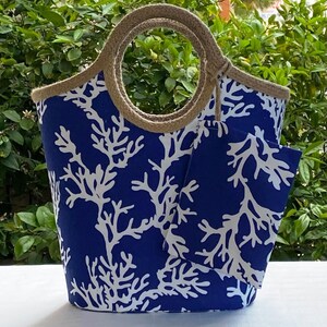 Blue Coral Patterned Beach Bag, Straw Bag, Beach Bag - Etsy