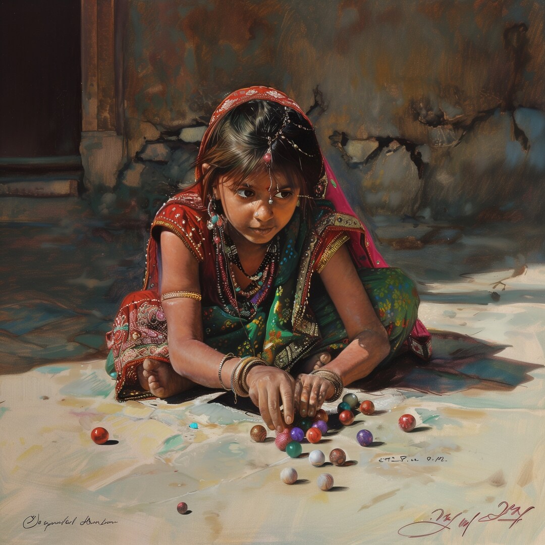 Indian Girl Playing Marbles, Digital Art, Poster, Printable Art, Home ...
