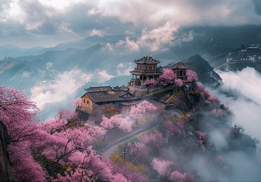 Ancient Monastery, Mountain Peak, Cherry Blossom, Digital Art, Poster, Printable Art, Home Decor ...