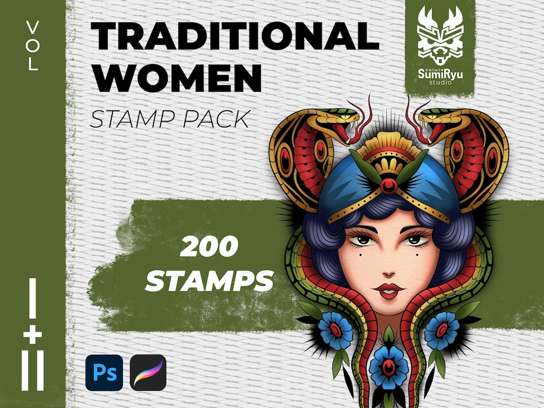Traditional Women Stamps: 200 Procreate Tattoo Photoshop Stamps (bundle ...