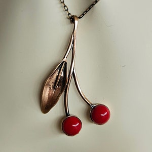 Cherry Pendant Necklace, Red Beads Necklace, Bronze Pendant, Nature ...