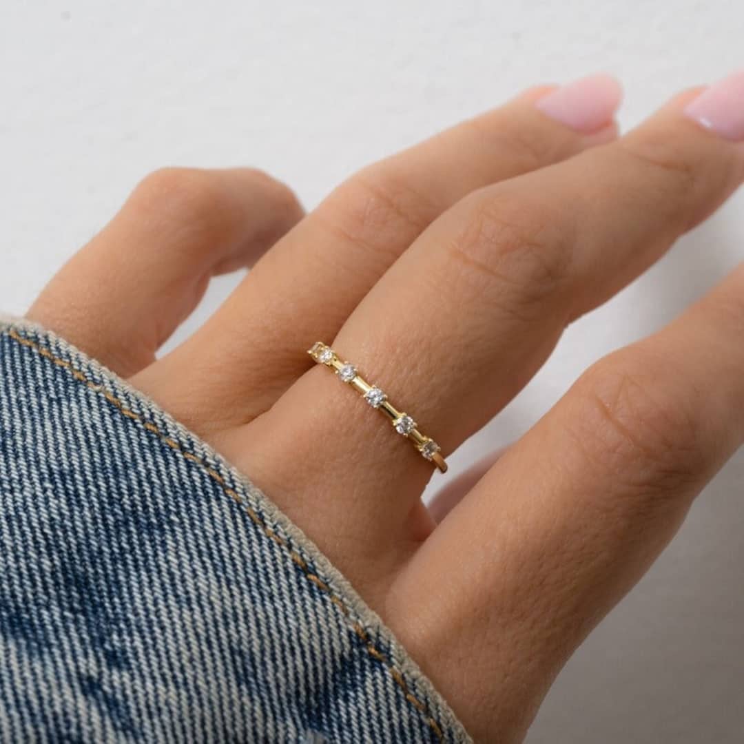 Ultra Thin Diamond Eternity Band Dainty Promise Ring Floating Gold ...