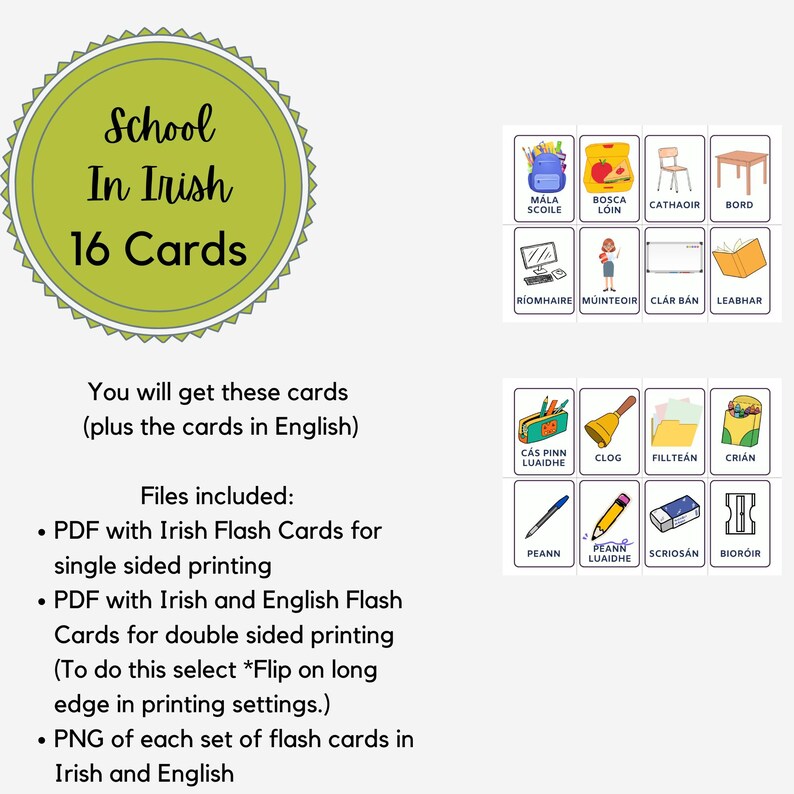 Learn Irish School Vocabulary With Flashcards - 16 Printable Cards for ...