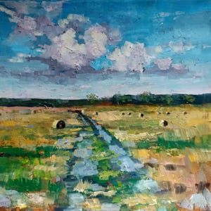 Oil Paintingrural Landscape Field Grass Haystacks Country Road Rural ...