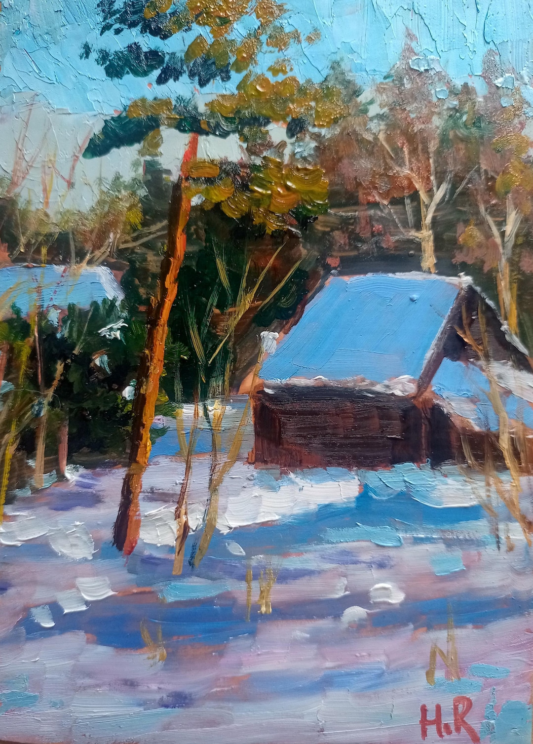 Winter Snow Scene Original Oil Painting Winter House Painting ...