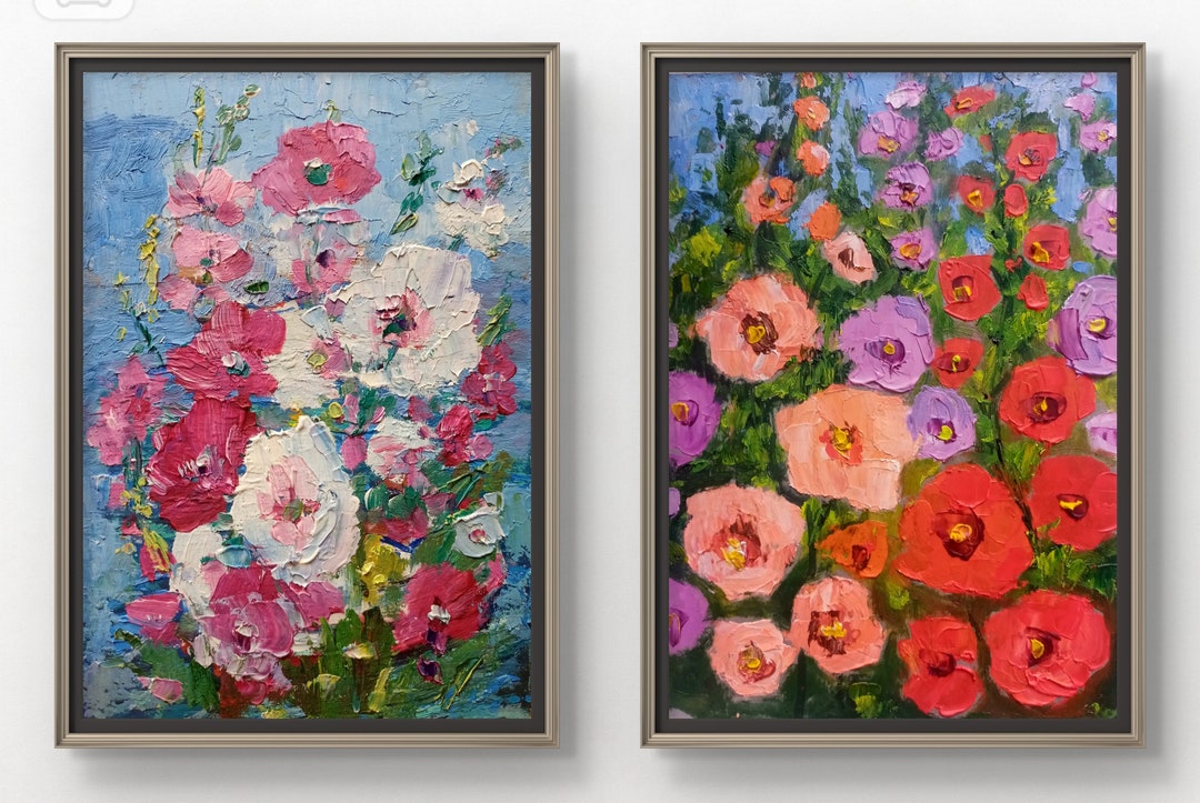 Floral Diptych: Original Pink Mallows Oil Painting, Impasto Flower Art ...
