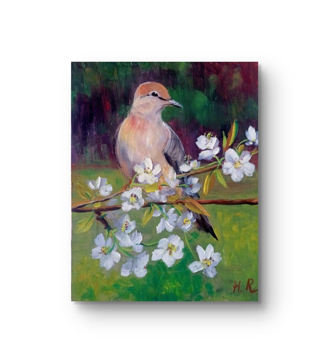Painting Bird Dove on a Branch Original Painting Flowers on a Tree ...