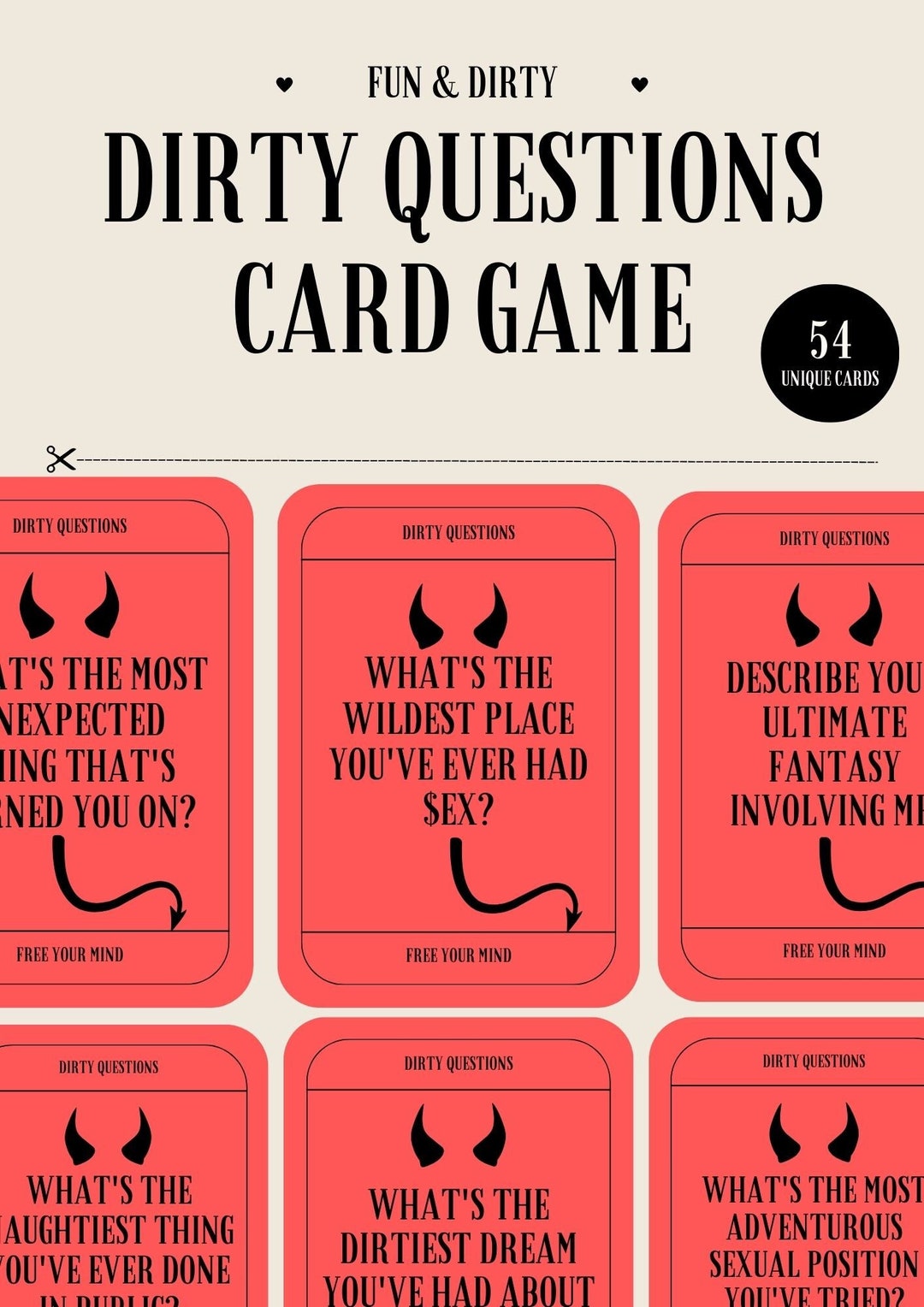 Printable Intimate and Dirty Questions Cards: 54 Provocative Questions ...