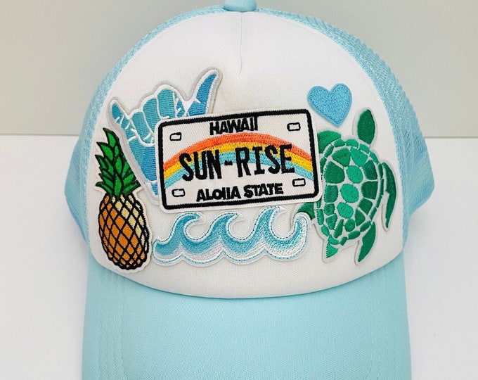 Hawaii Sun Rise Light Blue Trendy Trucker Hat With Iron on Patches ...