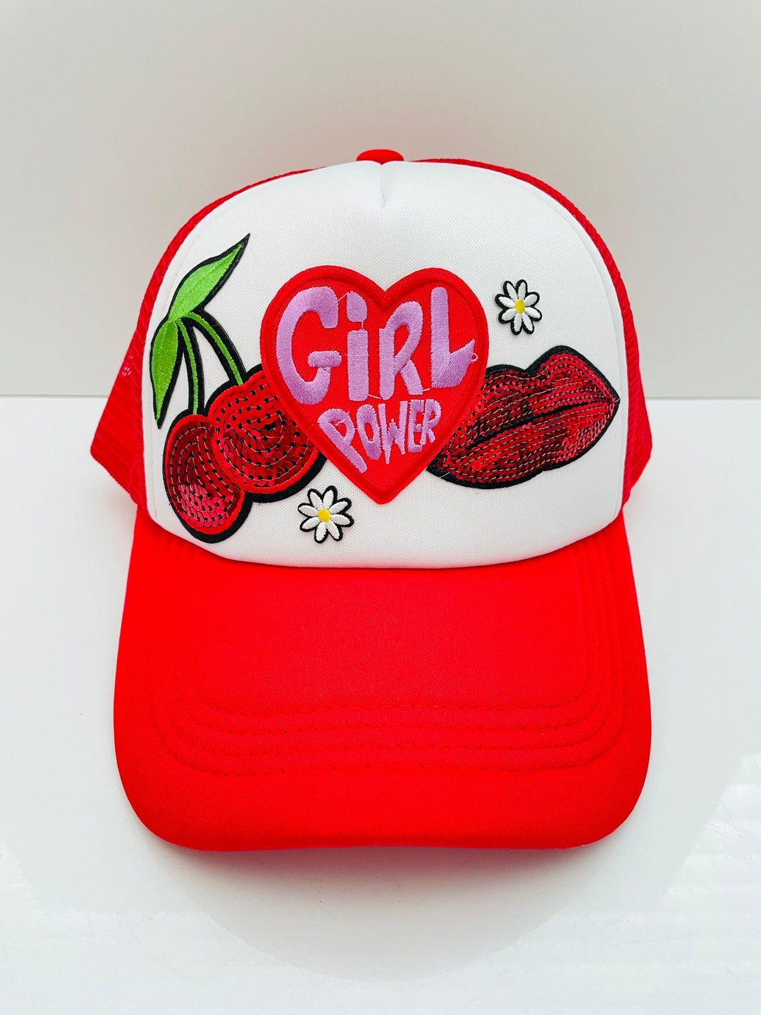Girl Power Red Trendy Patched Trucker Hat With Iron on Patches- Red ...