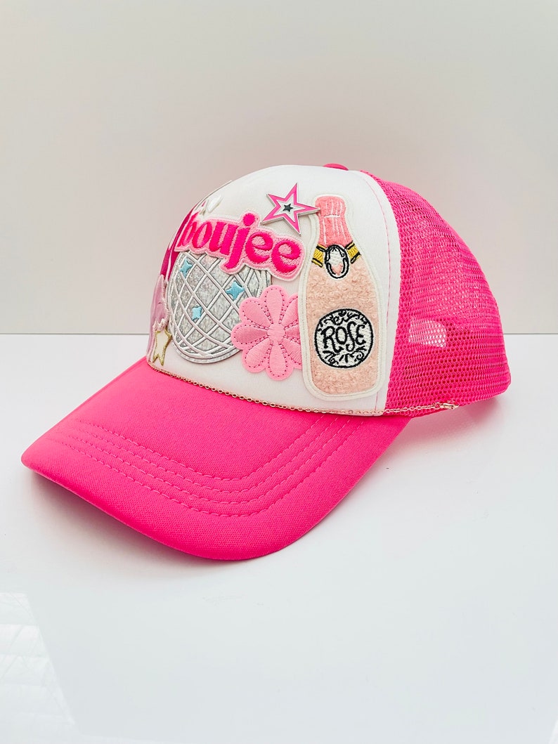 Boujee With Disco Ball and Rose Bottle Pink and White Trendy Patched Trucker Hat With Iron on ...